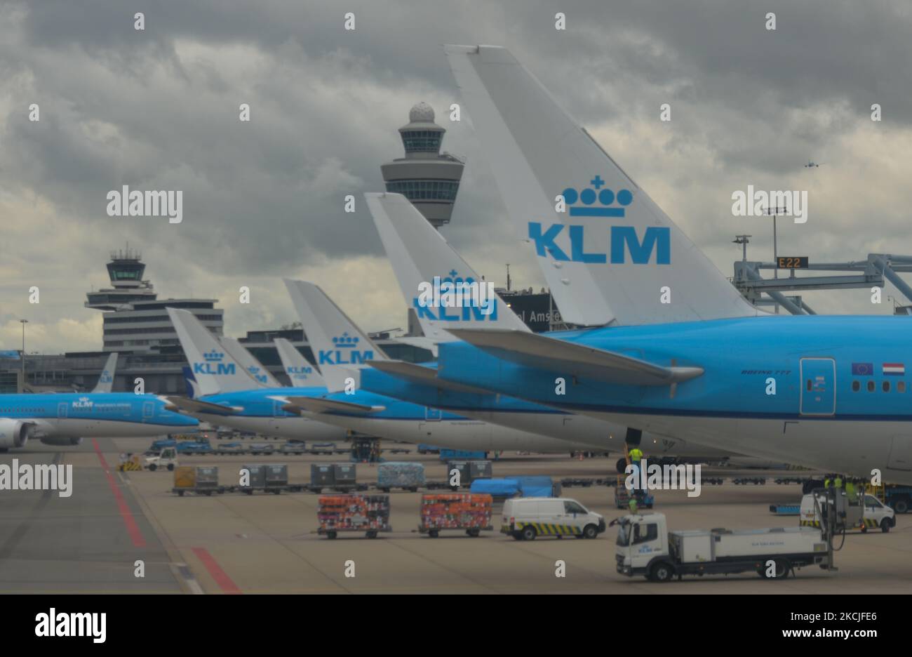 KLM planes at Amsterdam Airport Schiphol. On Friday, August 6, 2021, in ...