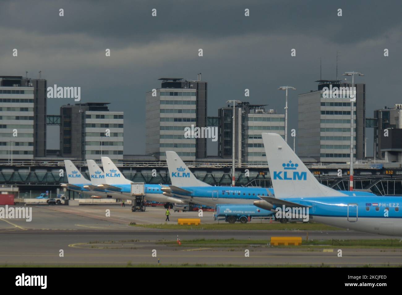 KLM planes at Amsterdam Airport Schiphol. On Friday, August 6, 2021, in ...