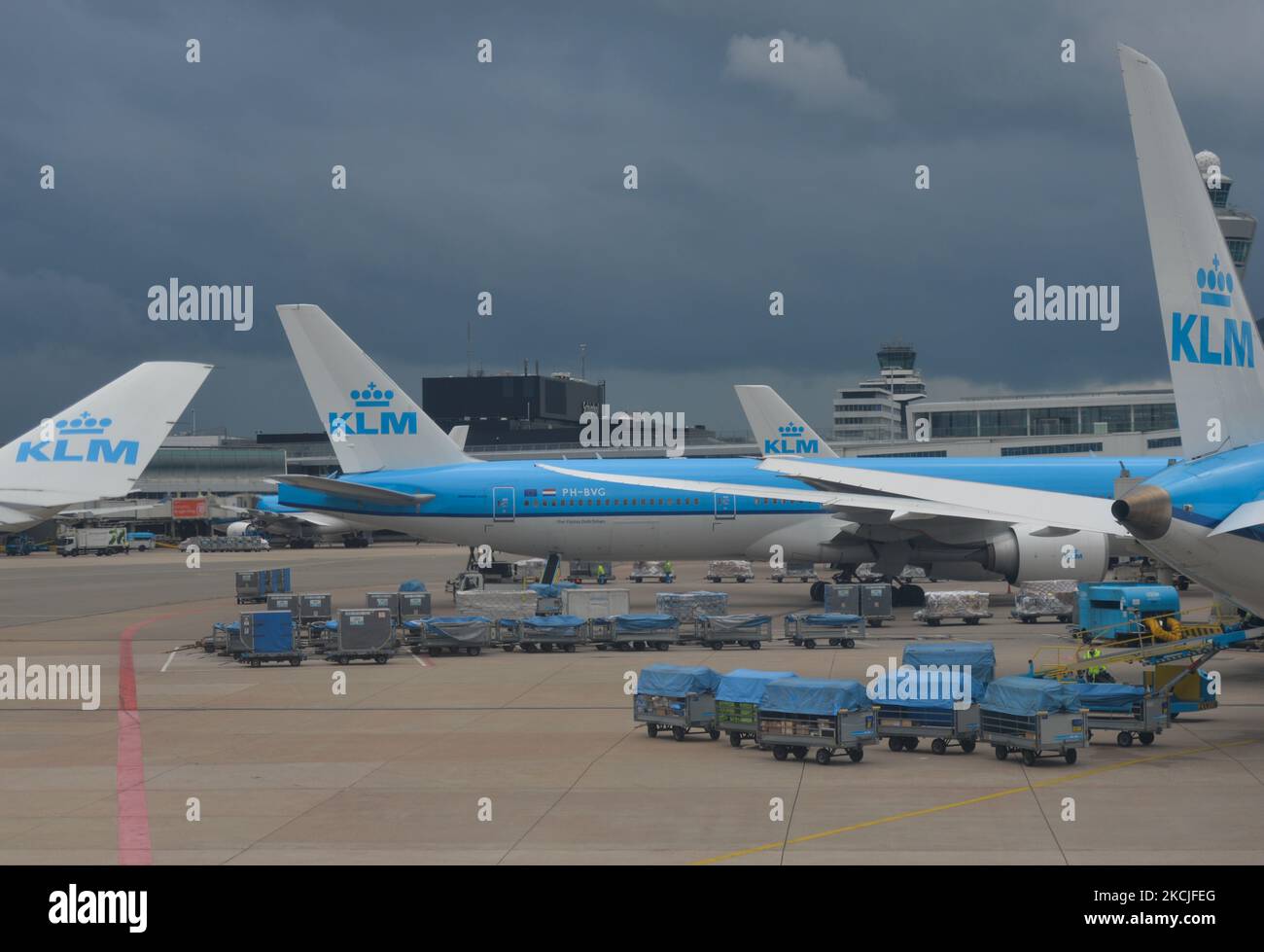 KLM planes at Amsterdam Airport Schiphol. On Friday, August 6, 2021, in ...