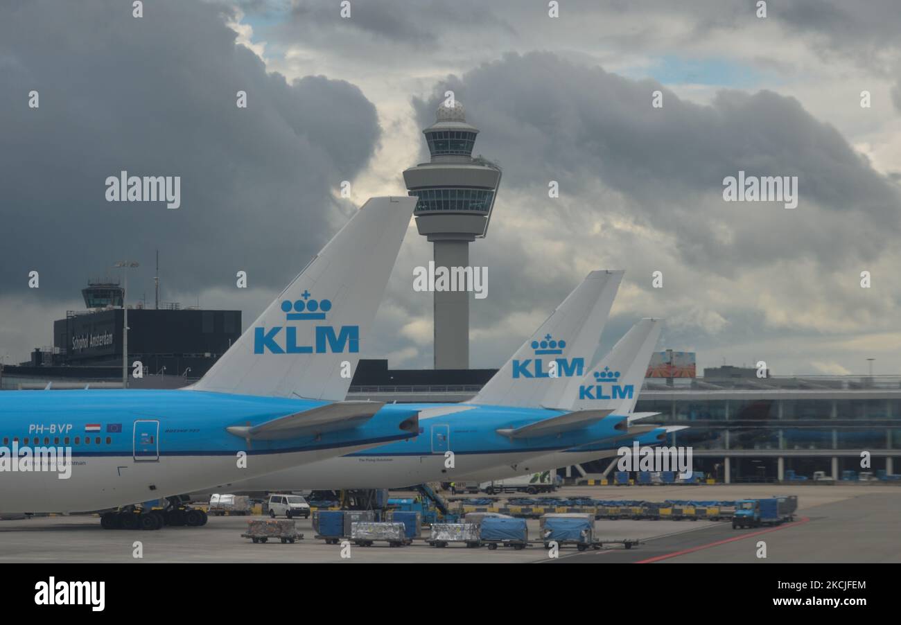 KLM planes at Amsterdam Airport Schiphol. On Friday, August 6, 2021, in ...