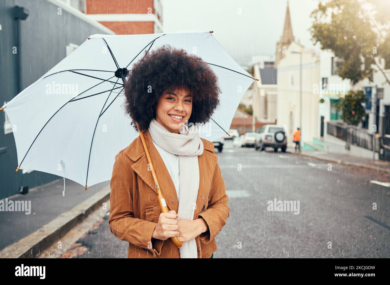 Woman, fashion and umbrella portrait in winter city while travelling ...