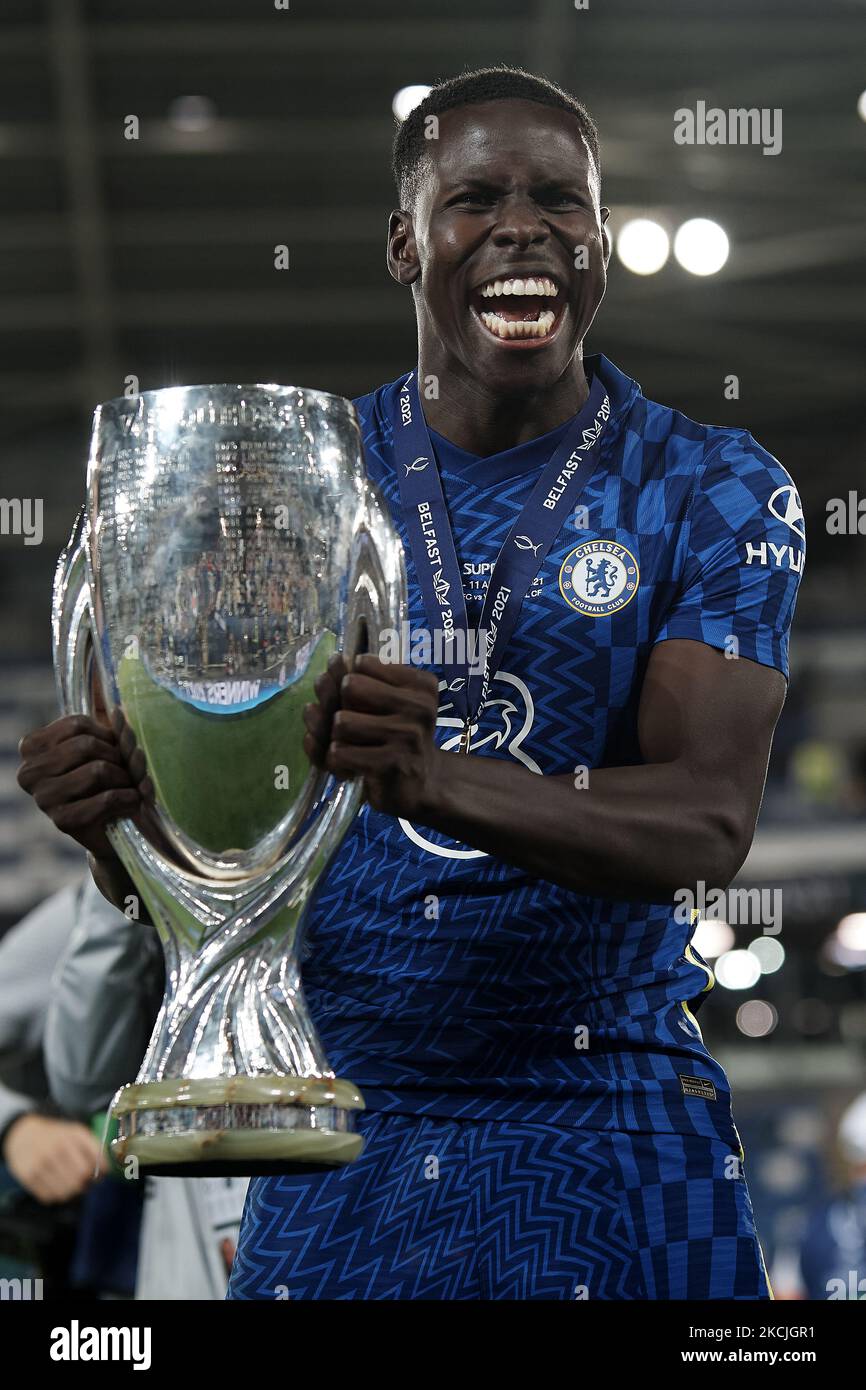 Kurt Zouma of Chelsea lifts the trophy after winning with his team the ...