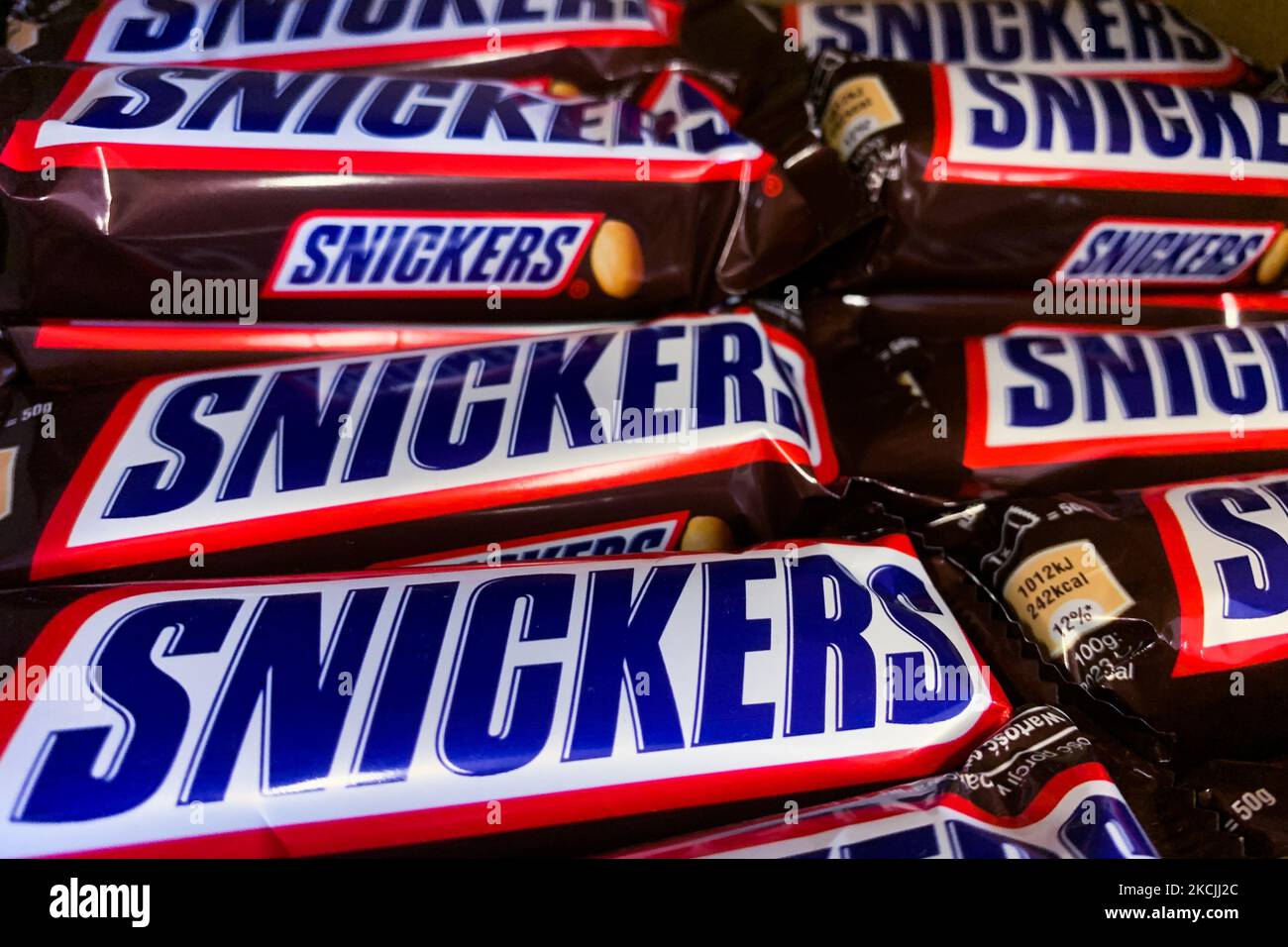 Snickers chocolate bars packaging are seen in a shop in Sulkowice ...