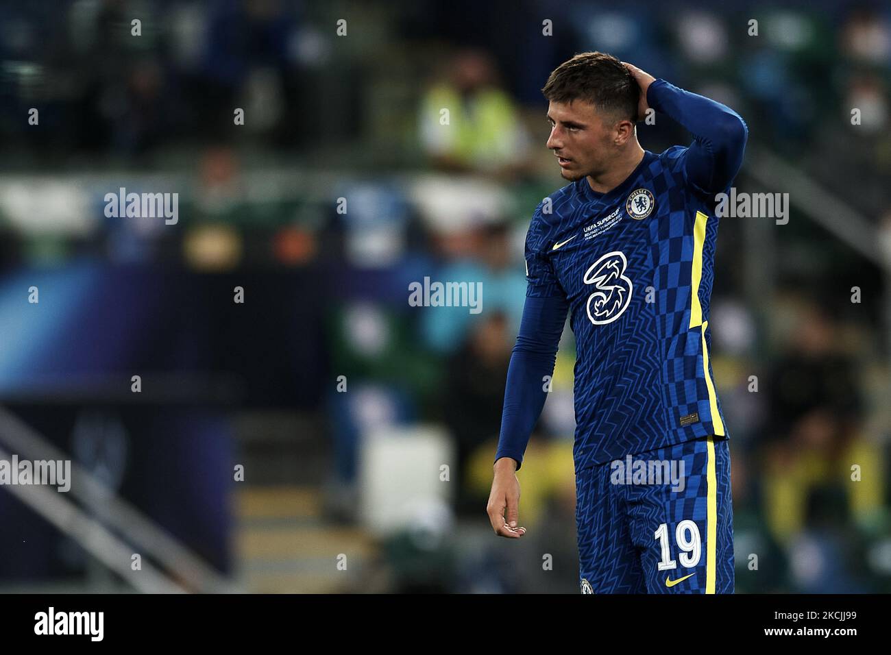 Mason Mount of Chelsea reacts during the UEFA Super Cup Final match ...