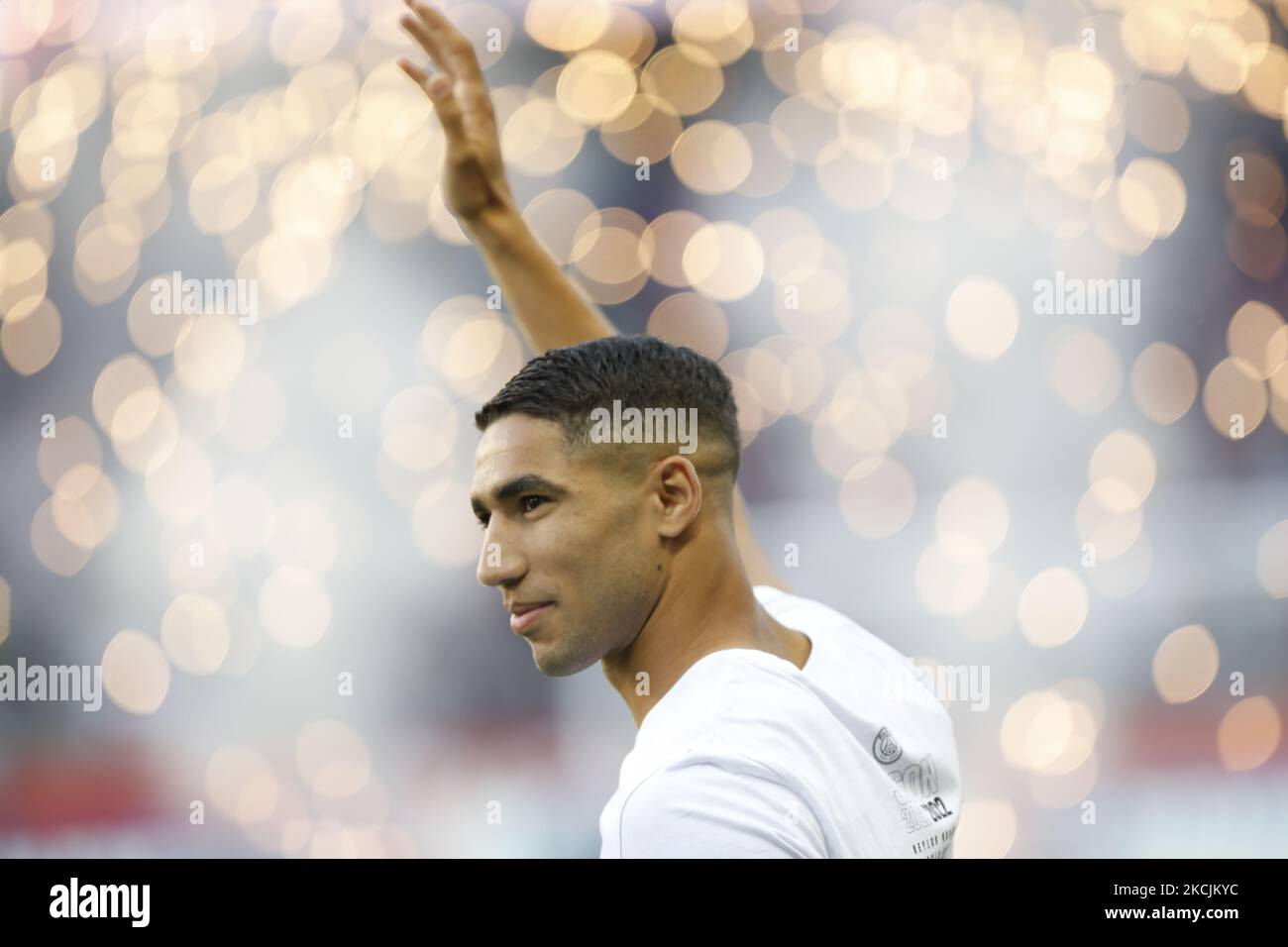 Paris Saint-Germain's Moroccan defender Achraf Hakimi enters the pitch ...