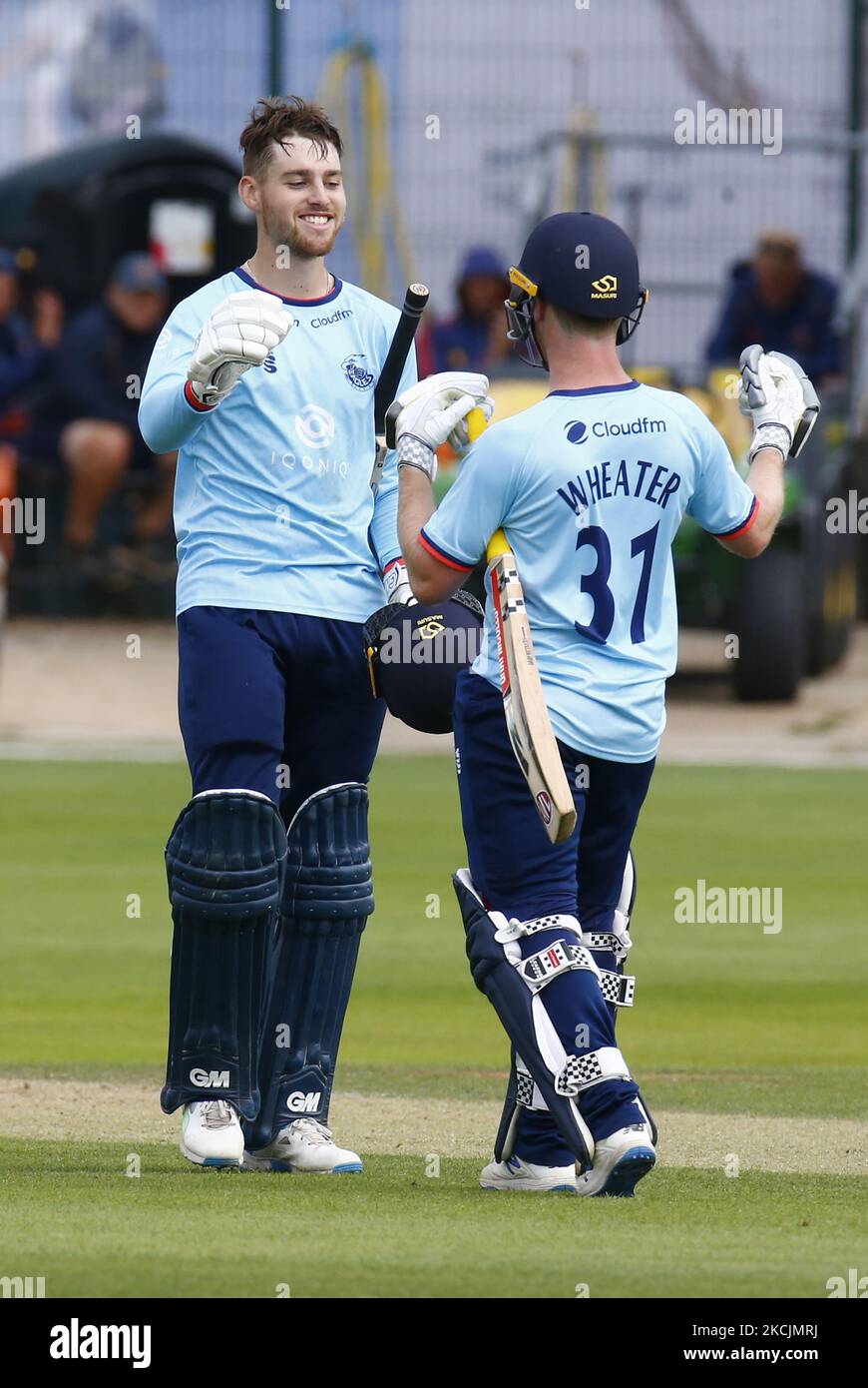 Essex's Josh Rymell celebrates his Century with Essex's Adam Wheater ...