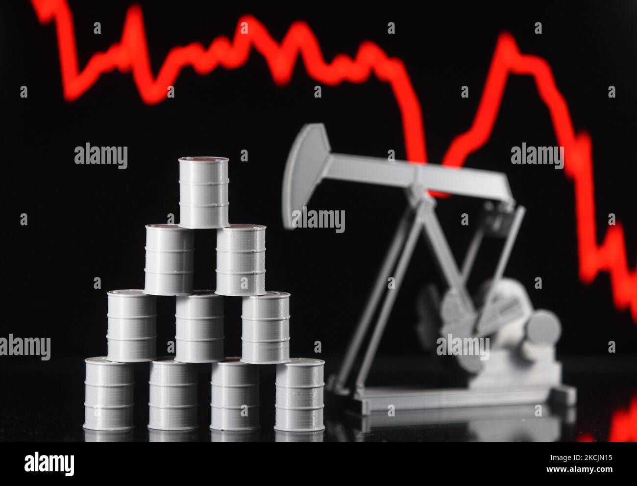 Miniature models of an oil derrick pump and oil barrels and a graph are ...