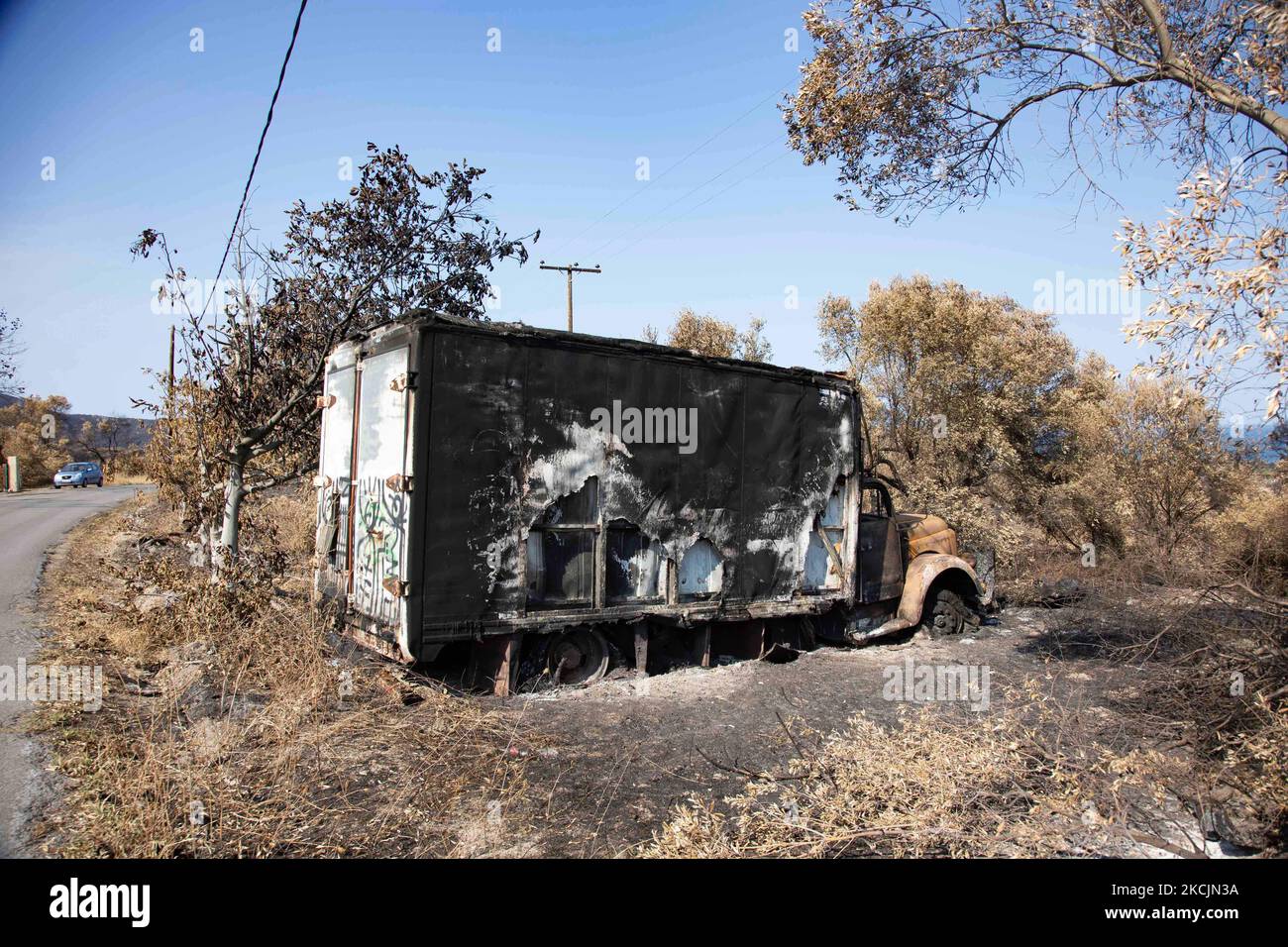 A truck competely burned in Agia Anna. The aftermath of the fires in ...