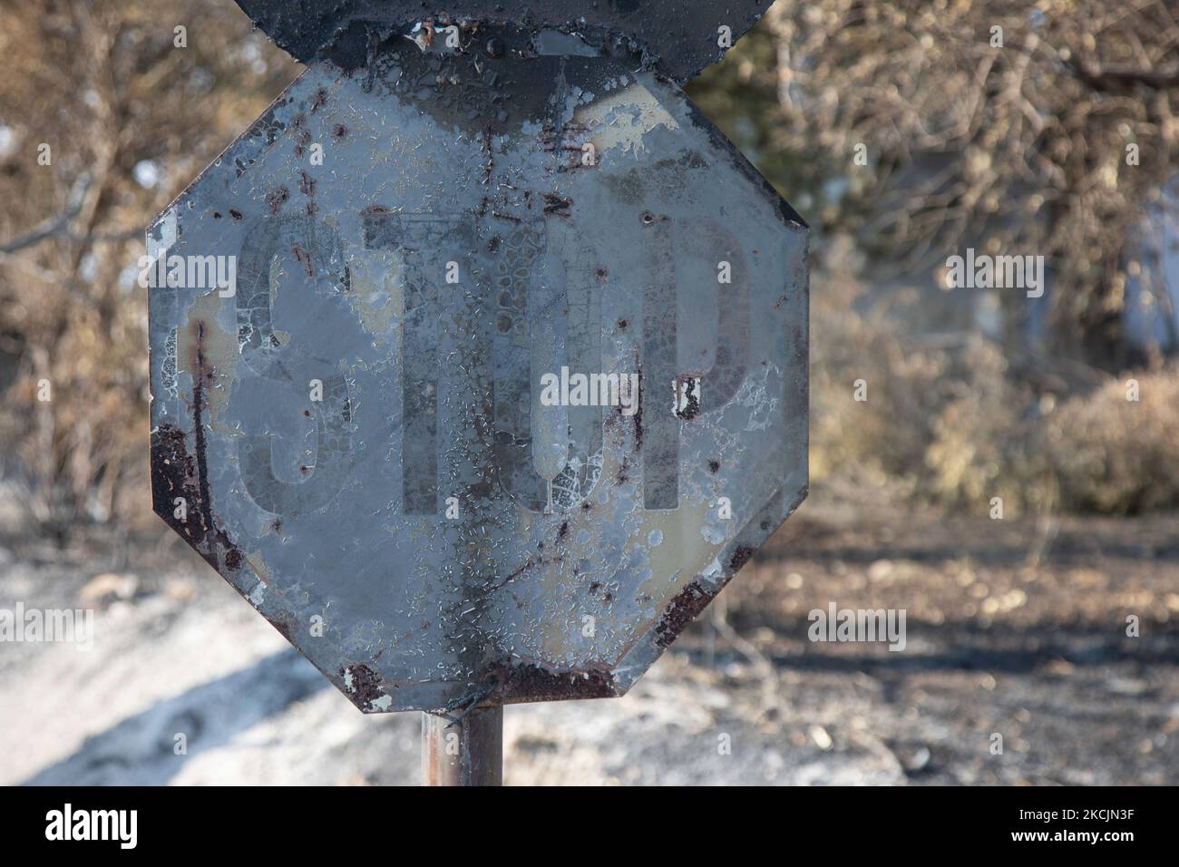 STOP Road signs burned near Limni. The aftermath of the fires in Greece ...