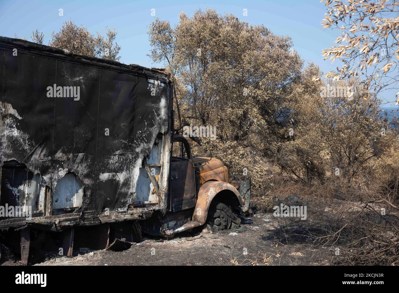 A truck competely burned in Agia Anna. The aftermath of the fires in ...