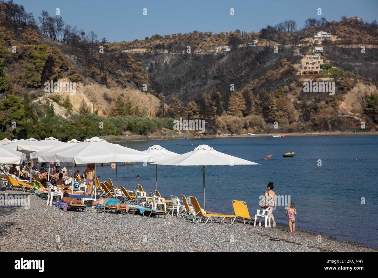 Kohili beach near Limni with the burned slope and forest in the ...