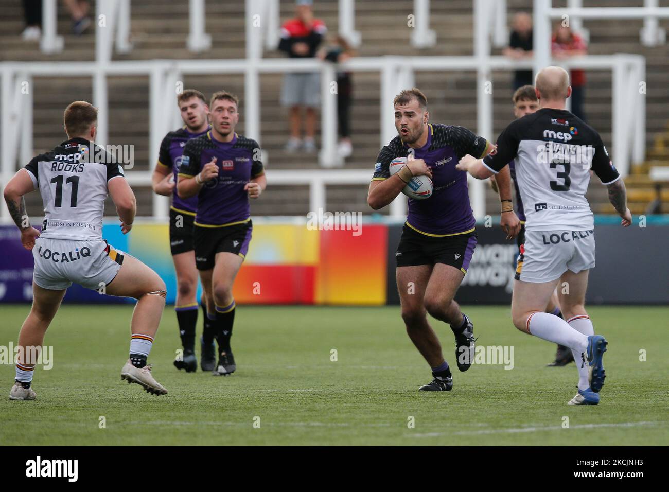 Ted Chapelhow of Newcastle Thunder takes on the Bulls’ defence during ...