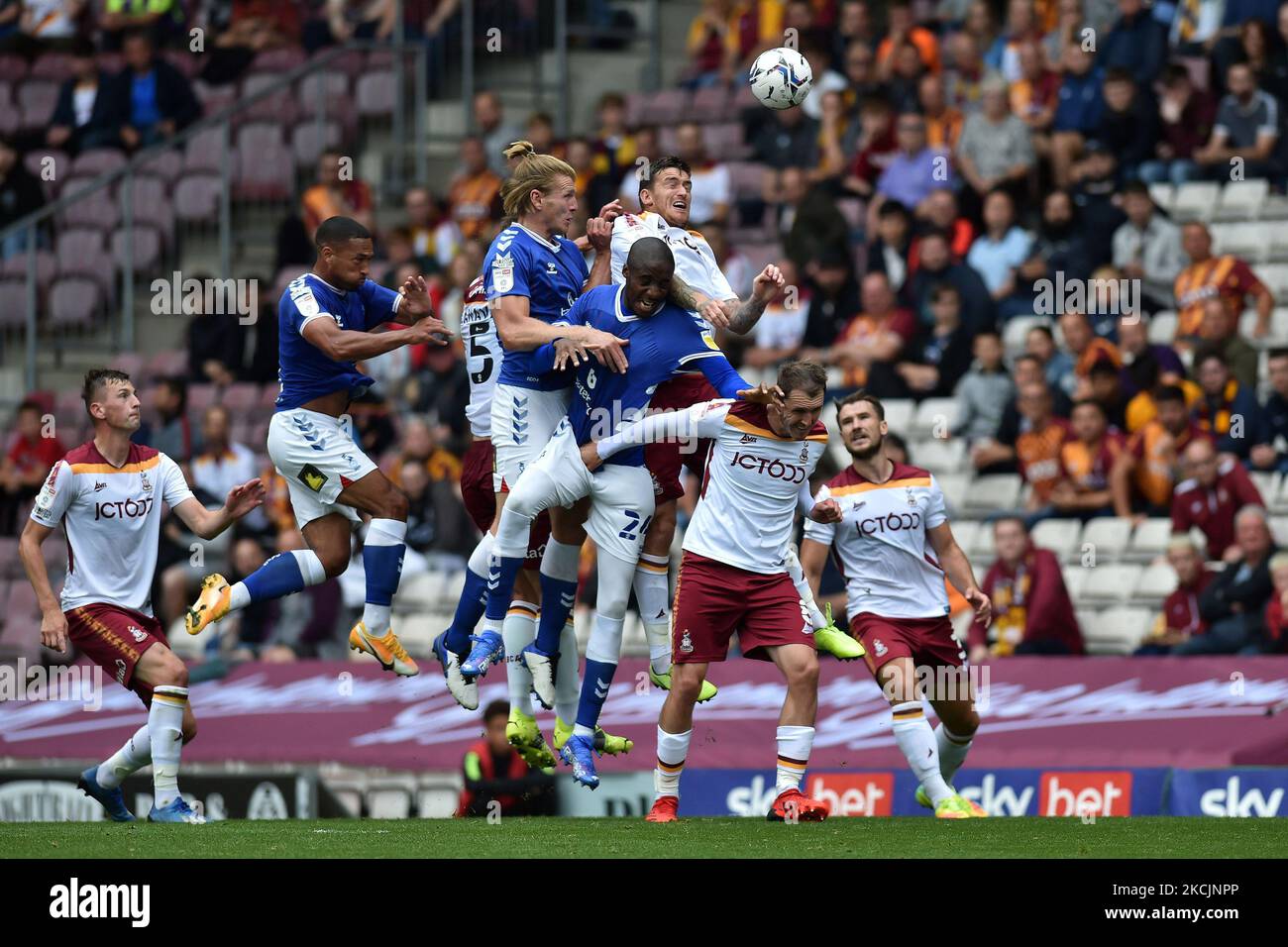 Oldham Athletic's Carl Piergianni heads for goal during the Sky Bet ...