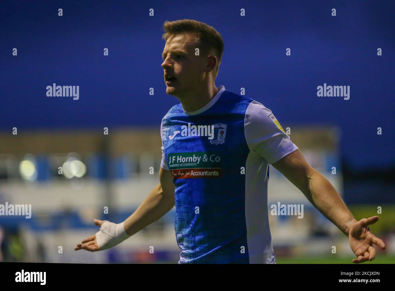 Tom White of Barrow remonstrates with referee's assitant during the Sky ...