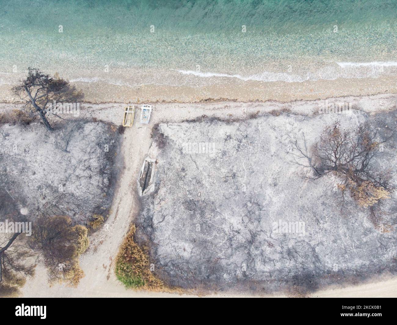 Burned area that reached the beach with boats burned. Panoramic aerial ...