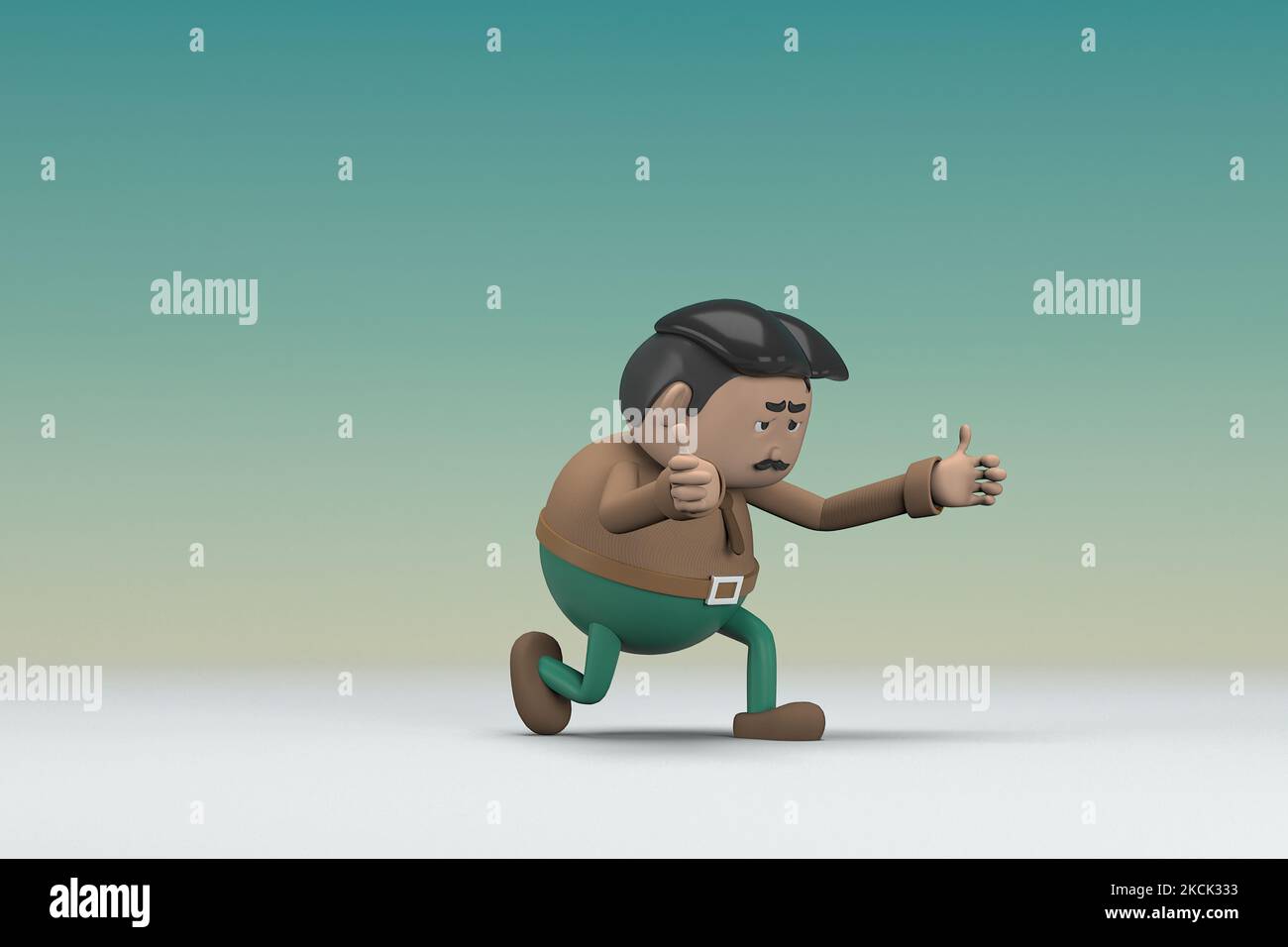 The man with mustache wearing a brown long shirt green pants. He is ...