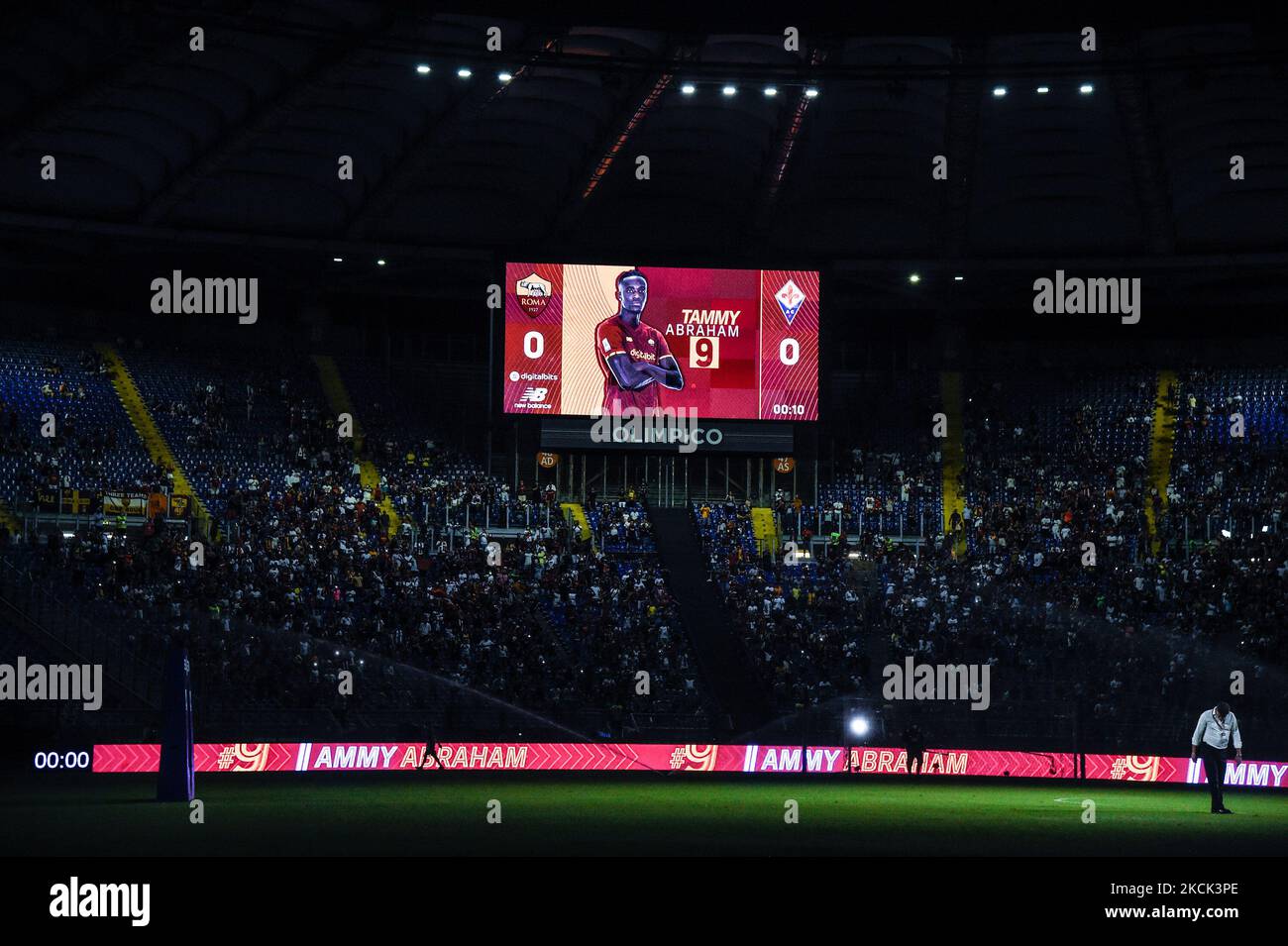 The scoreboard displays the picture of Tammy Abraham of AS Roma prior ...
