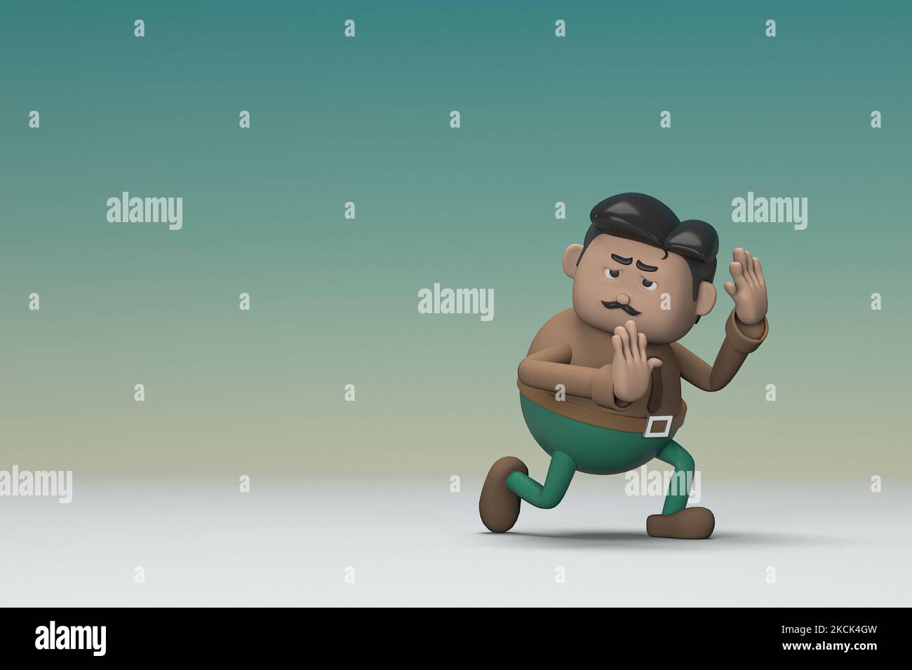 The man with mustache wearing a brown long shirt green pants. He is ...