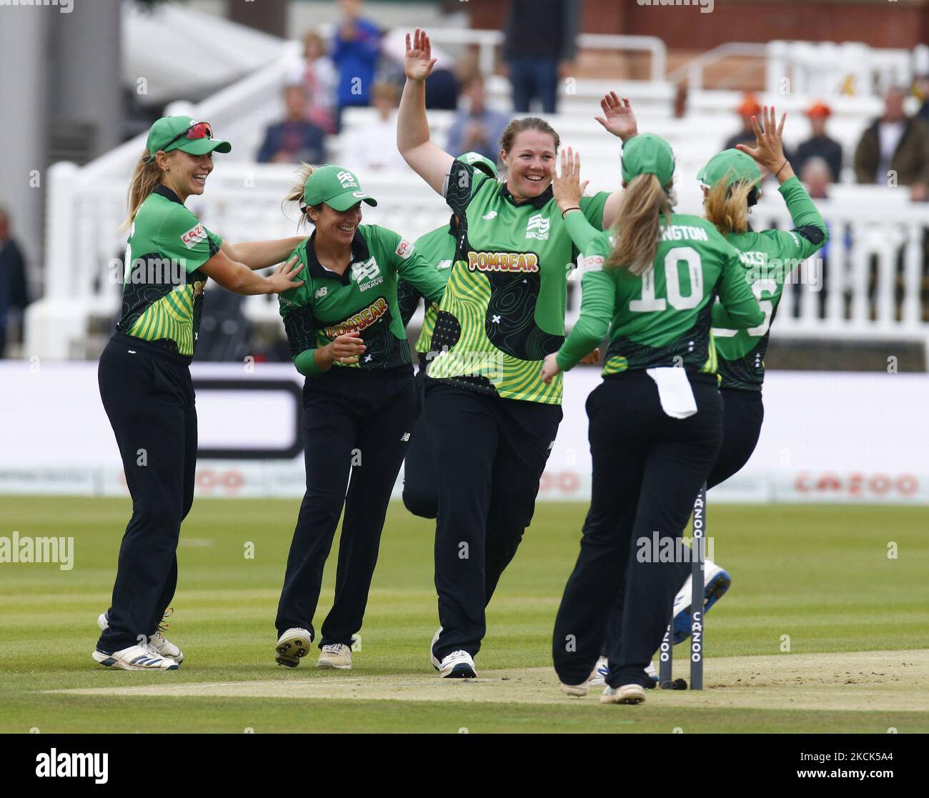 Anya Shrubsole of Southern Brave Women celebrates the wicket of Georgia ...