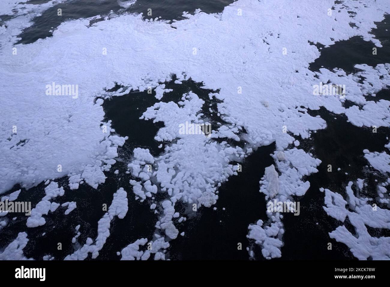 A general view shows the polluted water of Yamuna river covered with ...