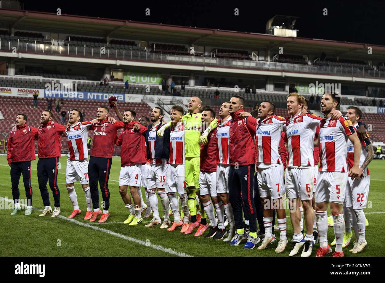 Players of Crvena Zvezda celebrating victory after the game CFR Cluj vs ...