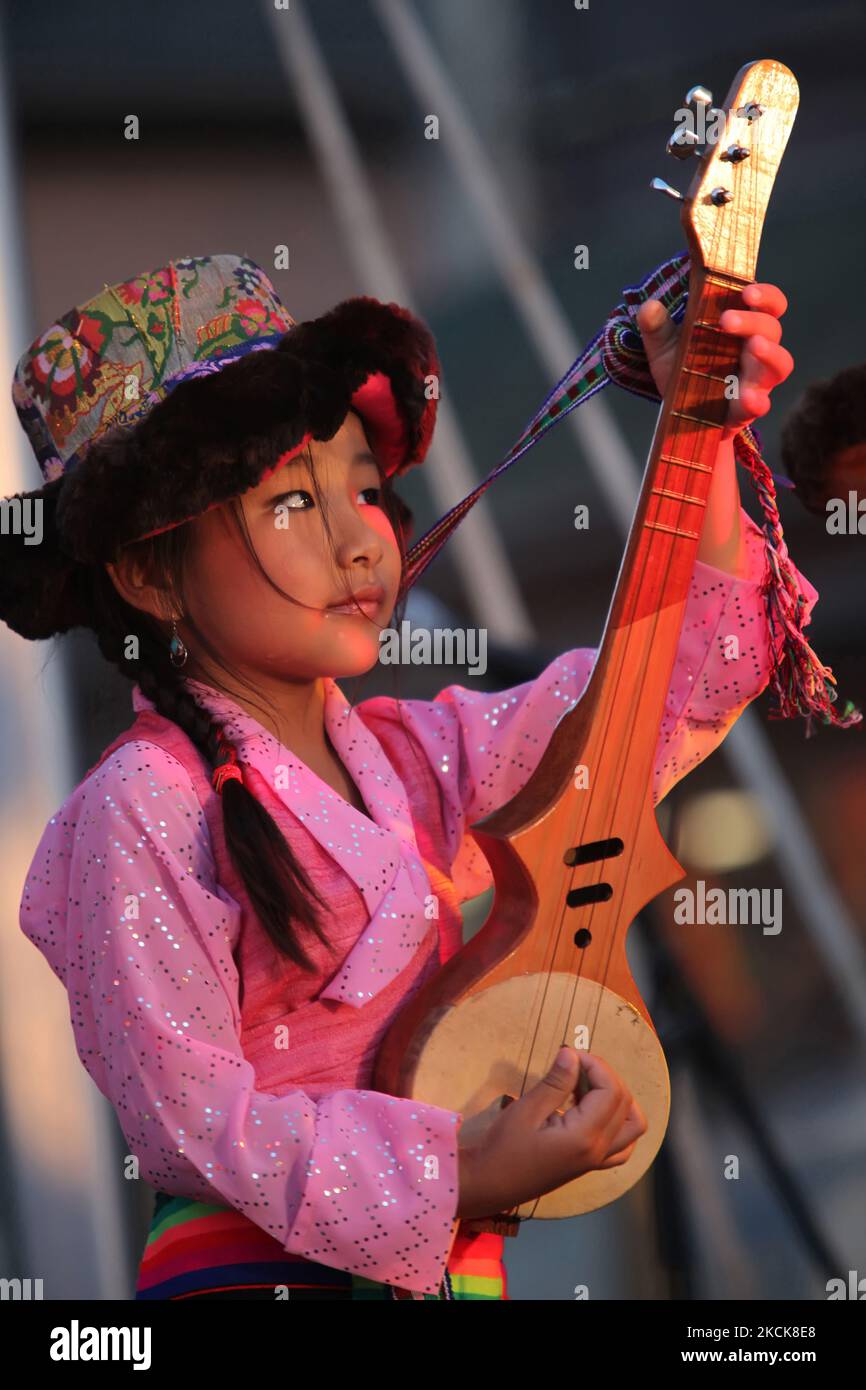Tibetan girl playing a dranyen (a Tibetan Lute) during a cultural ...