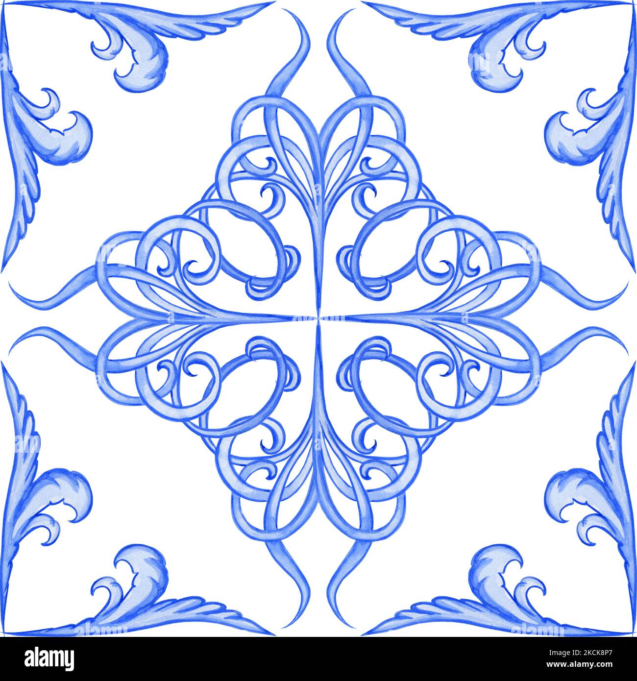 Majolica seamless pattern. Sicilian hand drawn blue ornament ...