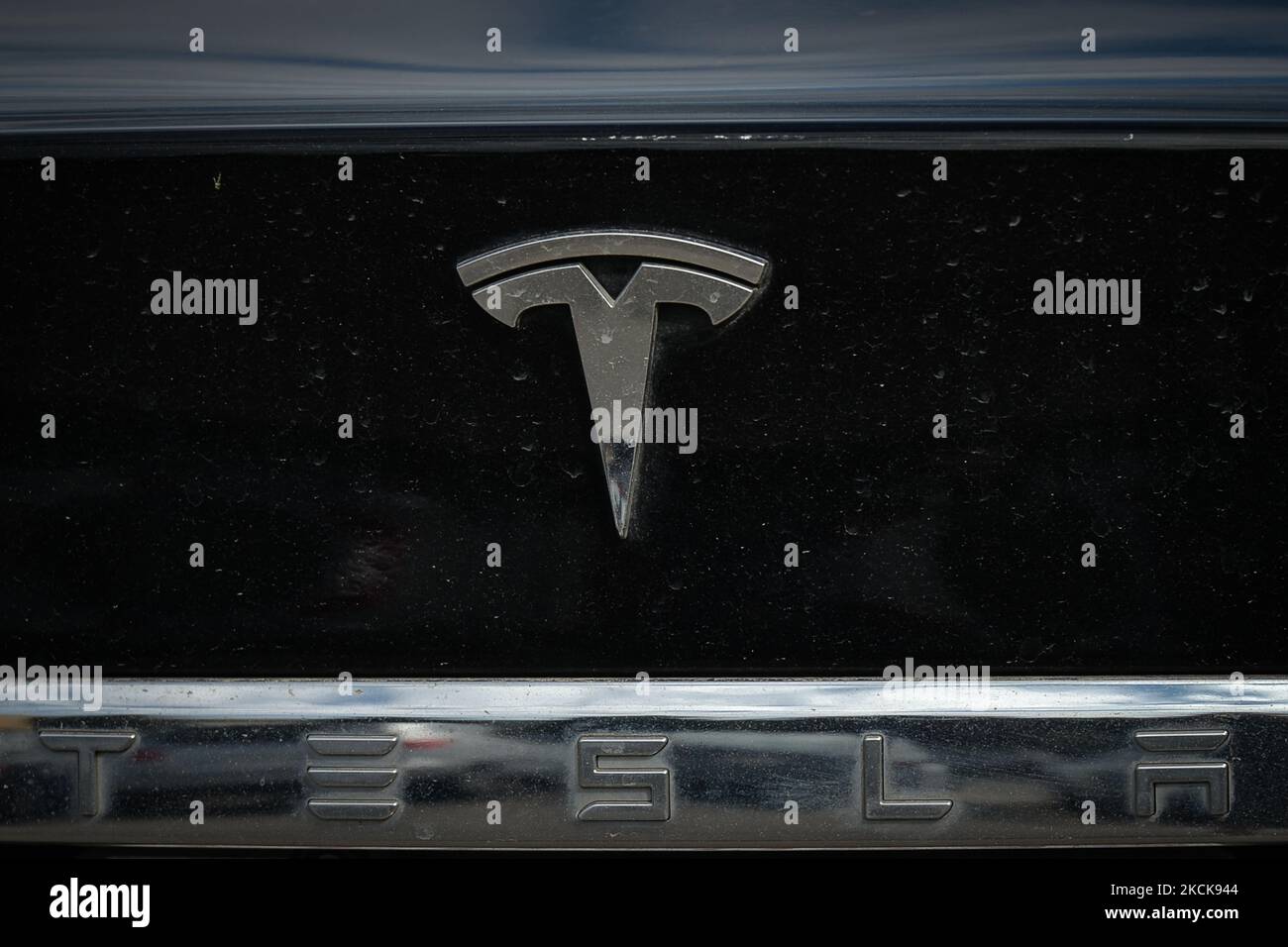 Tesla logo seen on a Tesla car parked in Edmonton center. Thursday ...