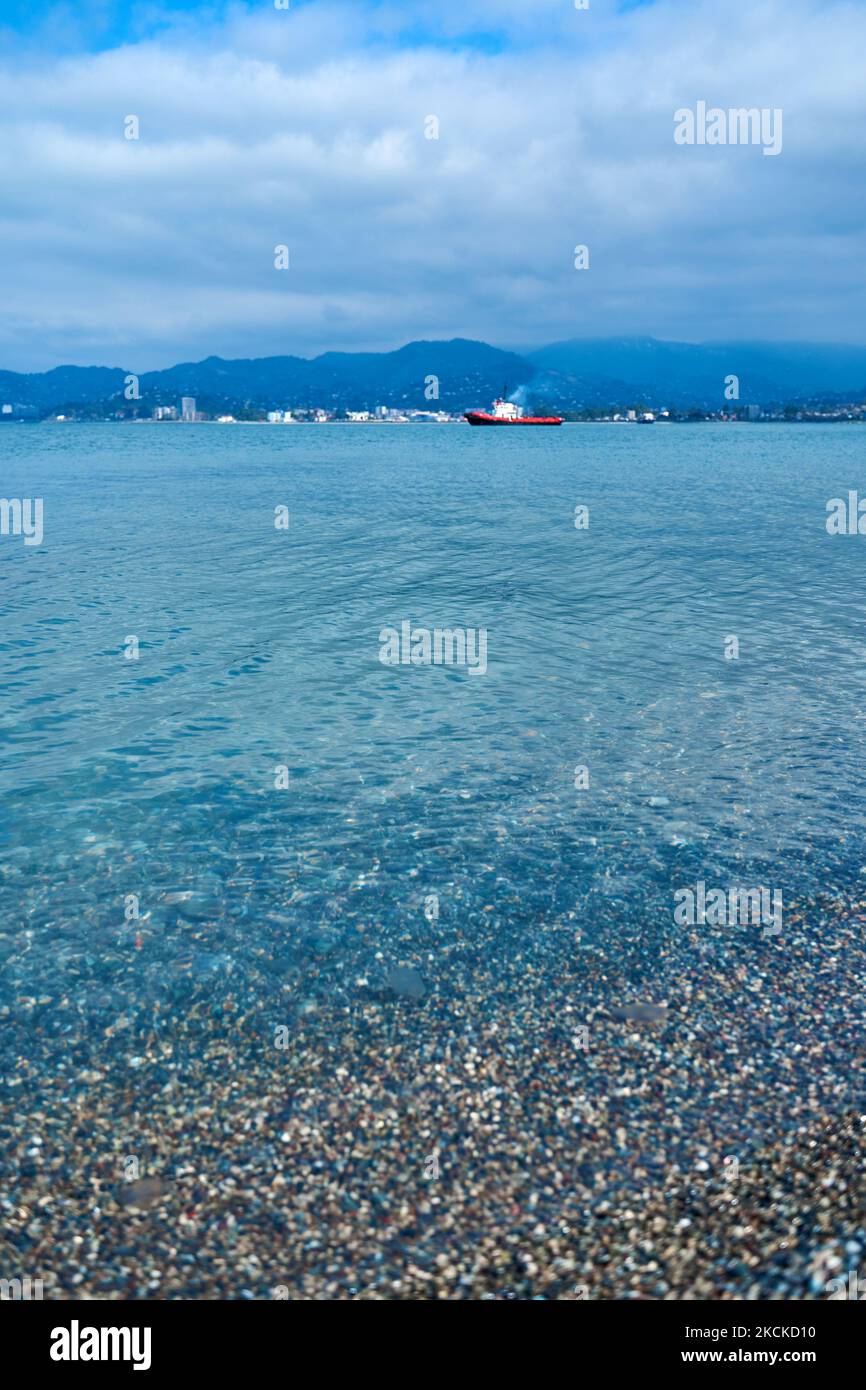 Ship in the Black Sea off the coast of Batumi. Black sea water area ...