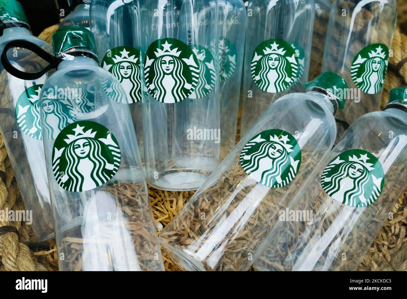 Reusabkle Starbucks bottles are seen in Starbucks Coffee shop in Krakow ...