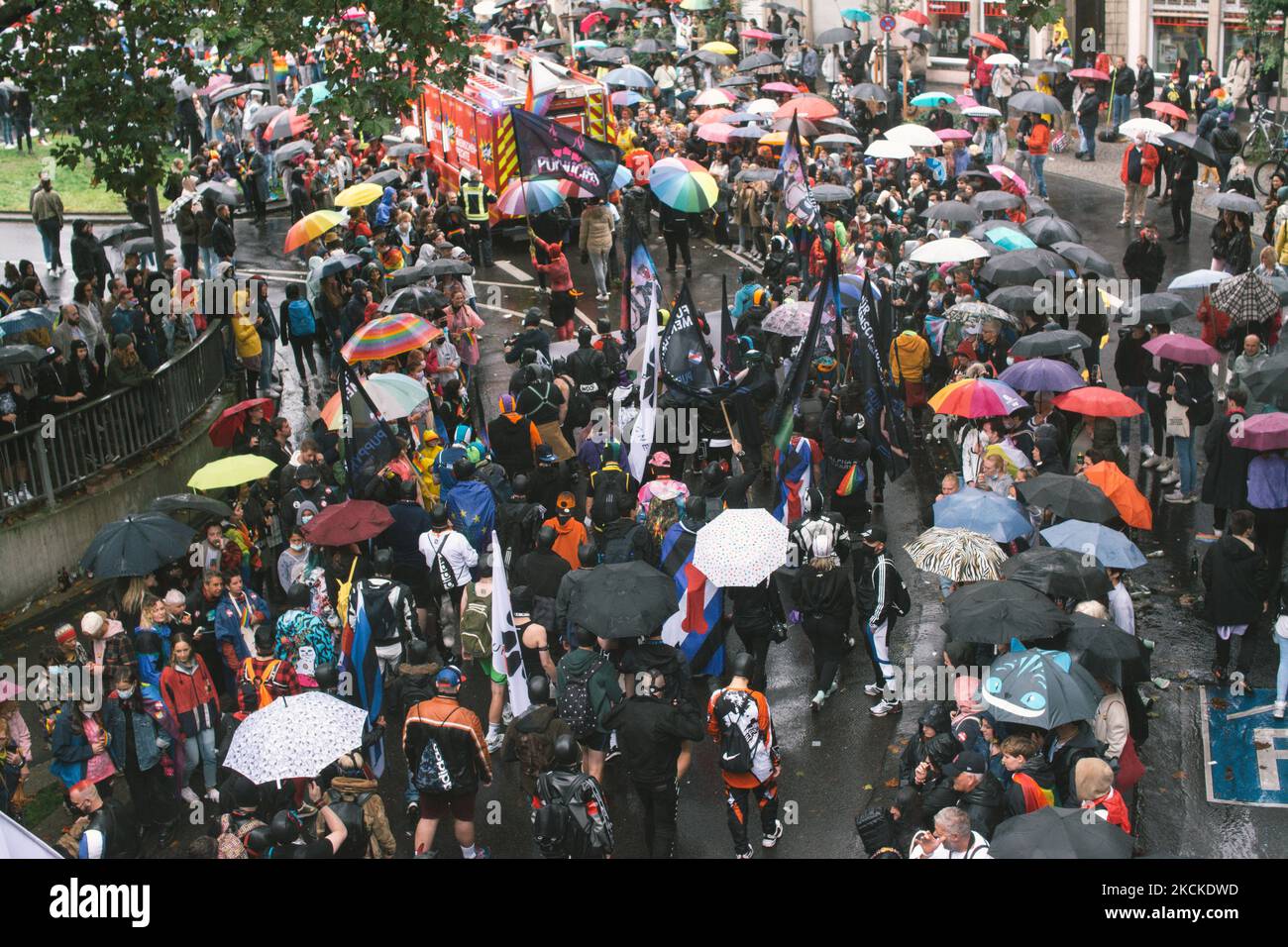 general view of Christopher street day parade in Cologne, Germany on August 29, 2021 (Photo by ...