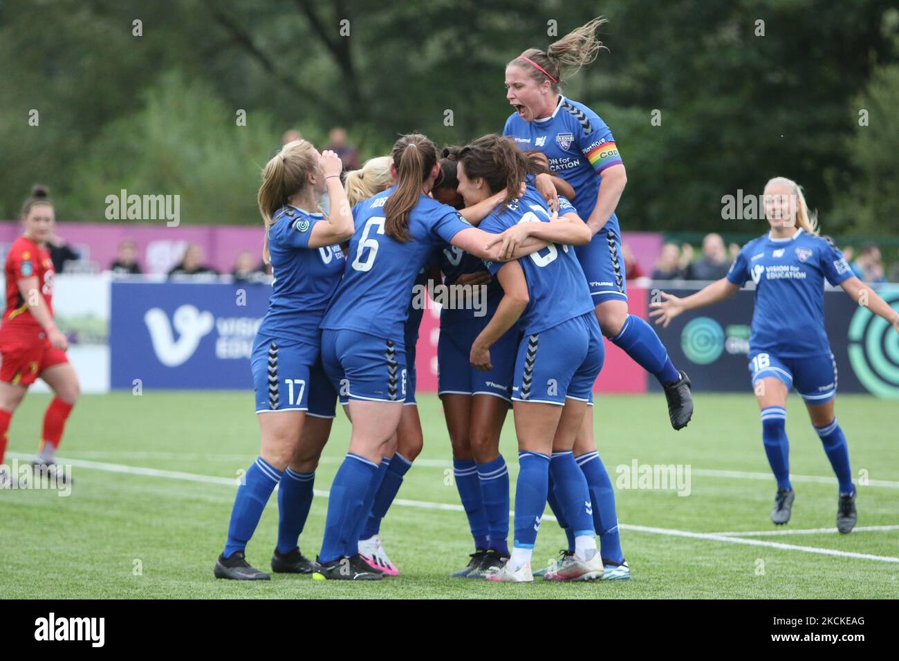 Lauren Briggs of Durham celebrates with teammates after scoring during ...