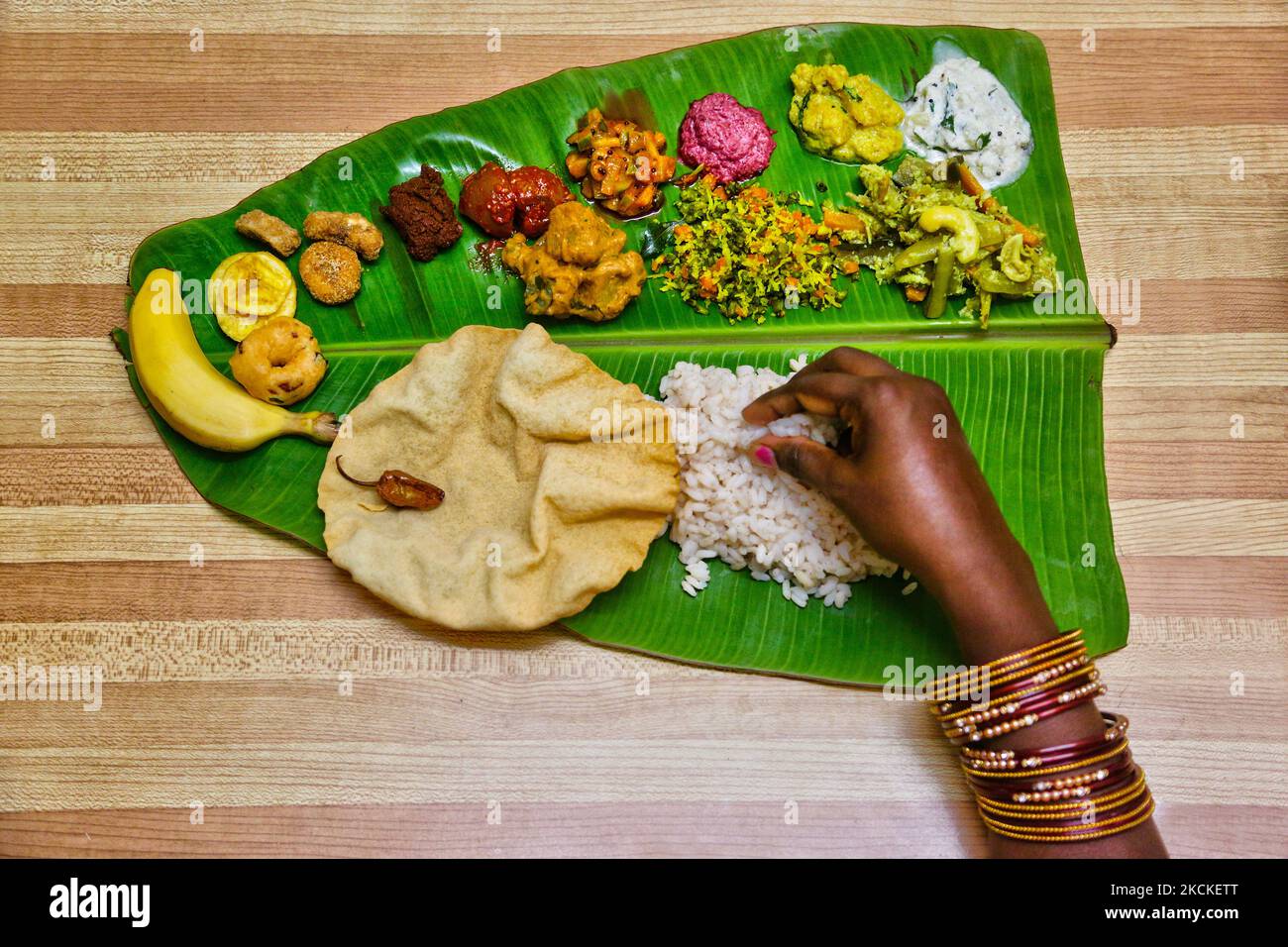 Traditional Sadhya meal served on a banana leaf in Toronto, Ontario ...