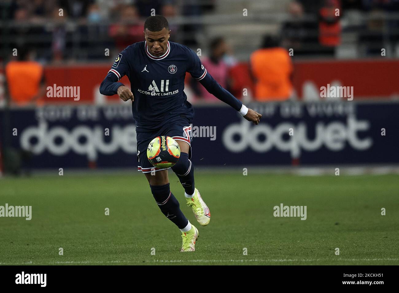Kylian Mbappe of PSG controls the ball during the Ligue 1 Uber Eats ...