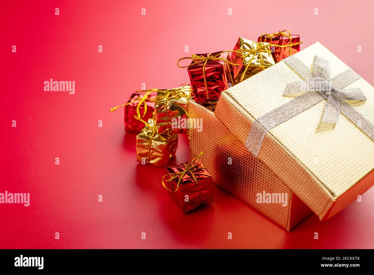 Collection of gift boxes on red background. Holiday banner Stock Photo ...