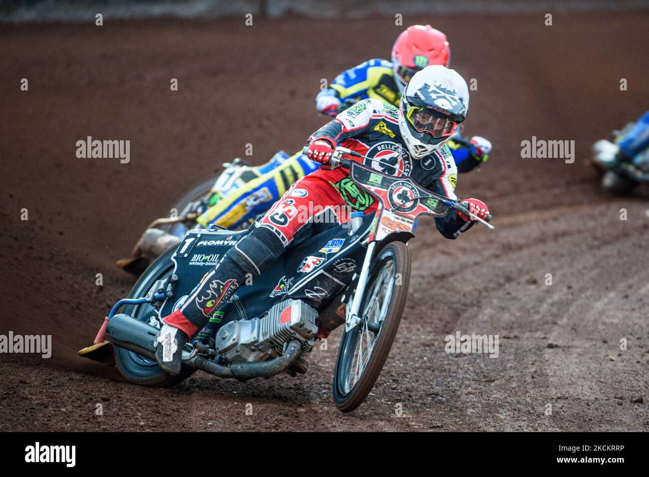 Dan Bewley (White) leads Jack Holder (Red) during the SGB Premiership ...