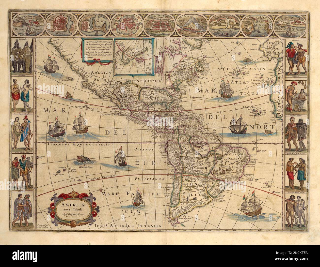 Vintage illustrated 1614 map of the Americas by Dutch cartographer Willem Janszoom Blaeu Stock ...