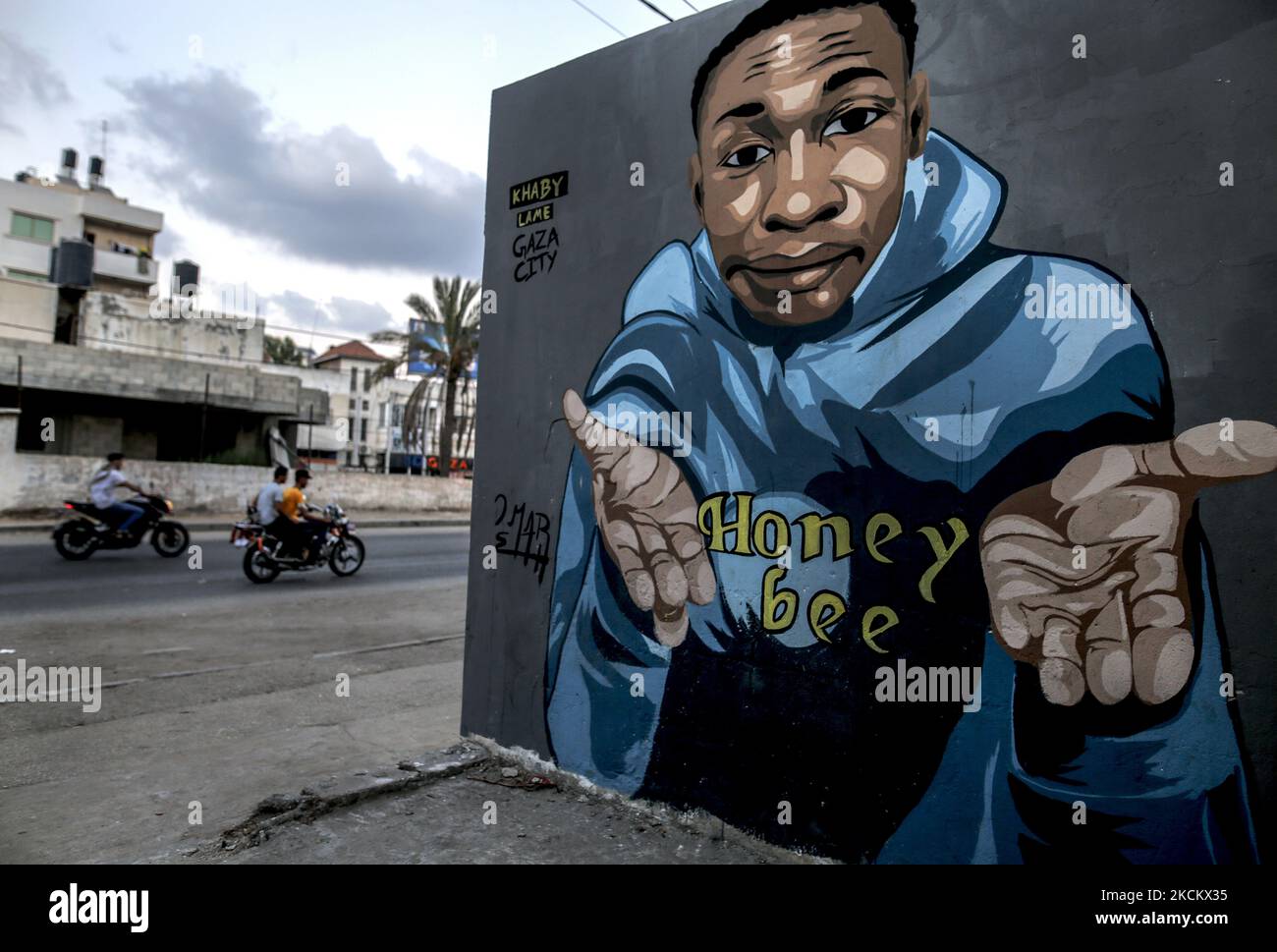 A Mural in Gaza City shows the face of TikTok star Khaby Lame, on 03 ...