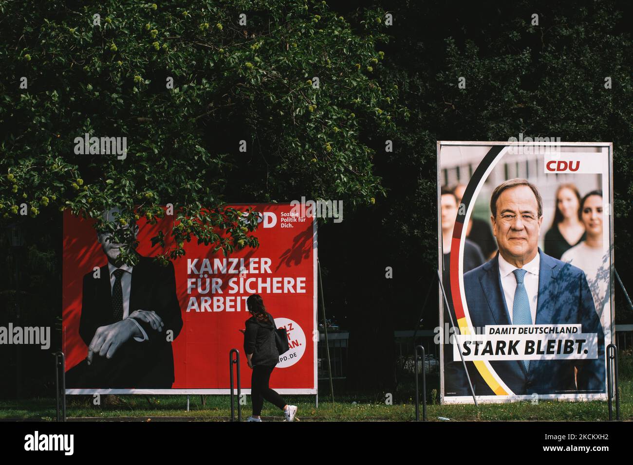Placards of top candidates of upcoming Bundestag Election are seen in ...