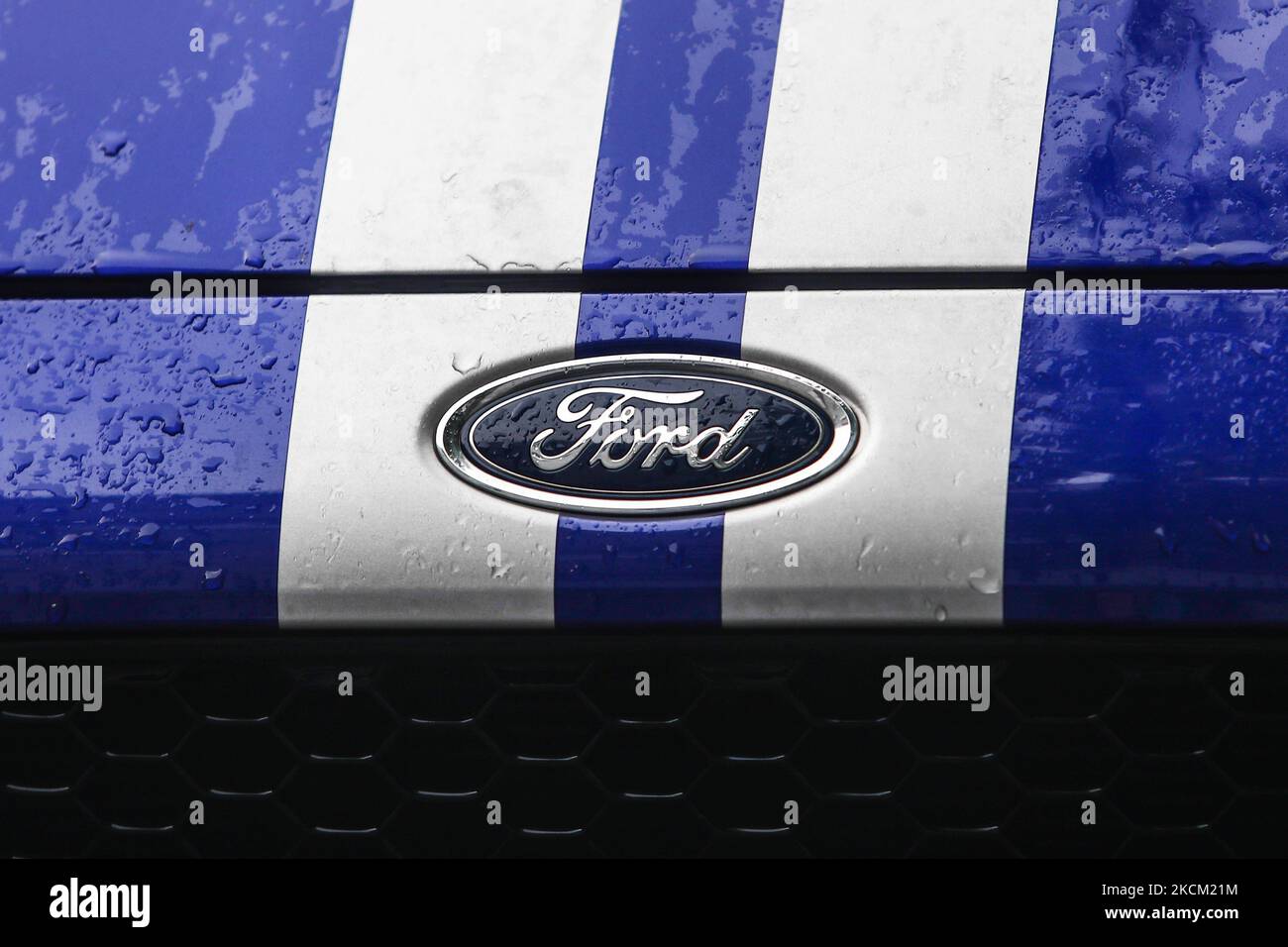 Ford logo is seen on a car mask in Krakow, Poland on August 31, 2021 ...