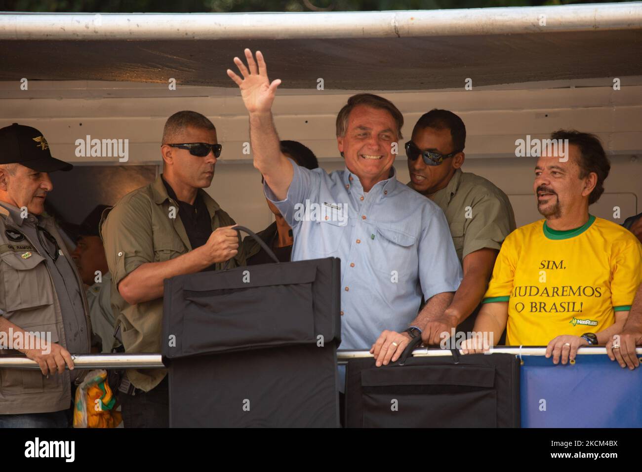 President of Brazil Jair Bolsonaro speaks to supporters during a demonstration on Brazil's ...
