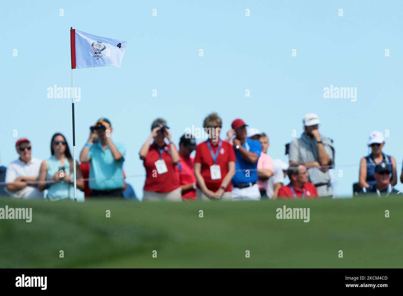 The Solheim Cup flag is displayed at the 4th green during the singles ...