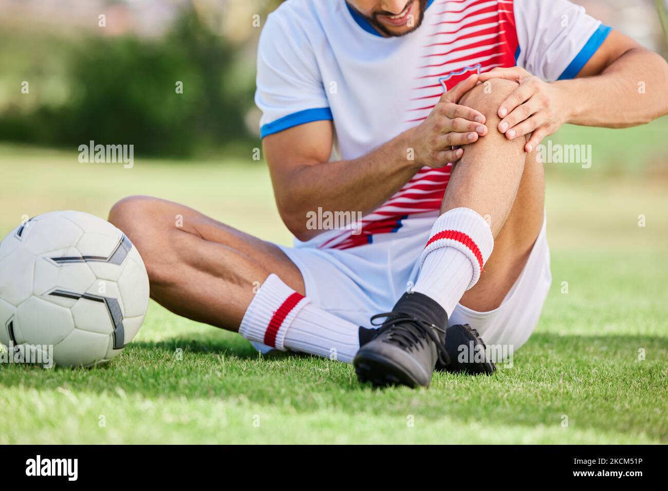 Fitness, knee pain or soccer player with injury for football exercise ...