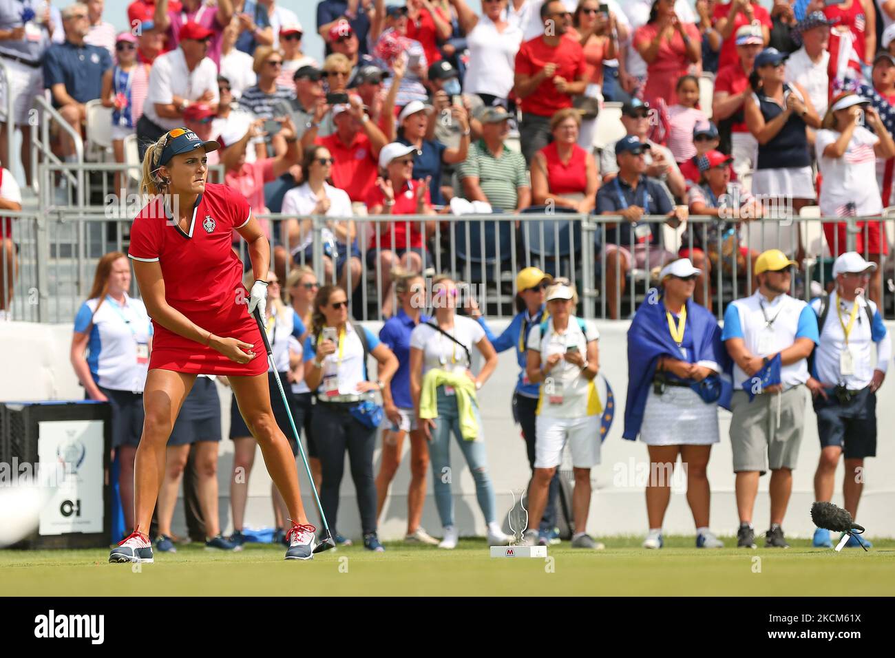 Lexi Thompson of Team USA follows her tee shot on the first hole during ...