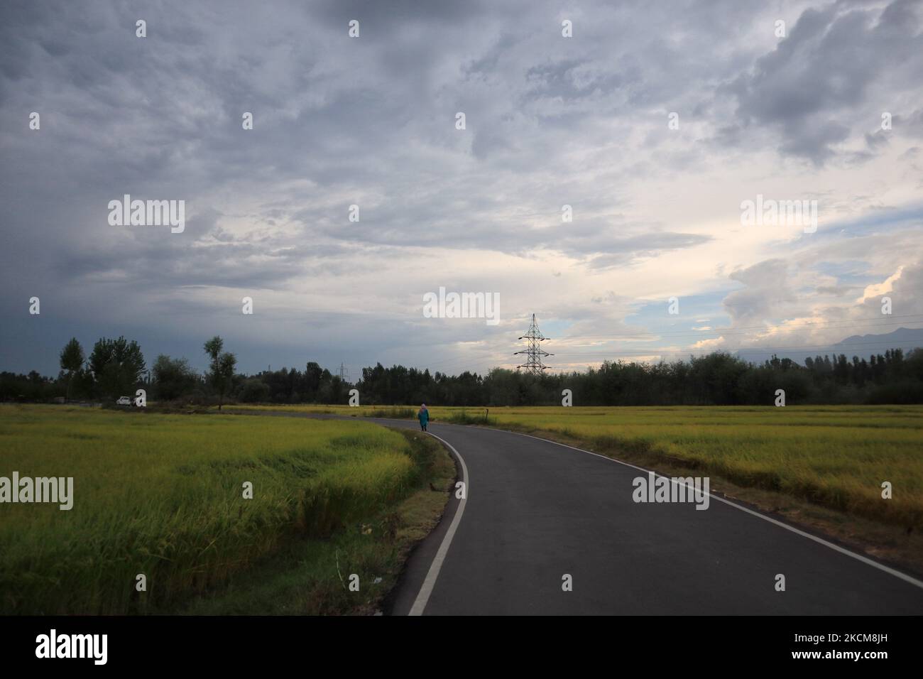 A woman walks on a street during cloudy weather in Srinagar, Indian ...