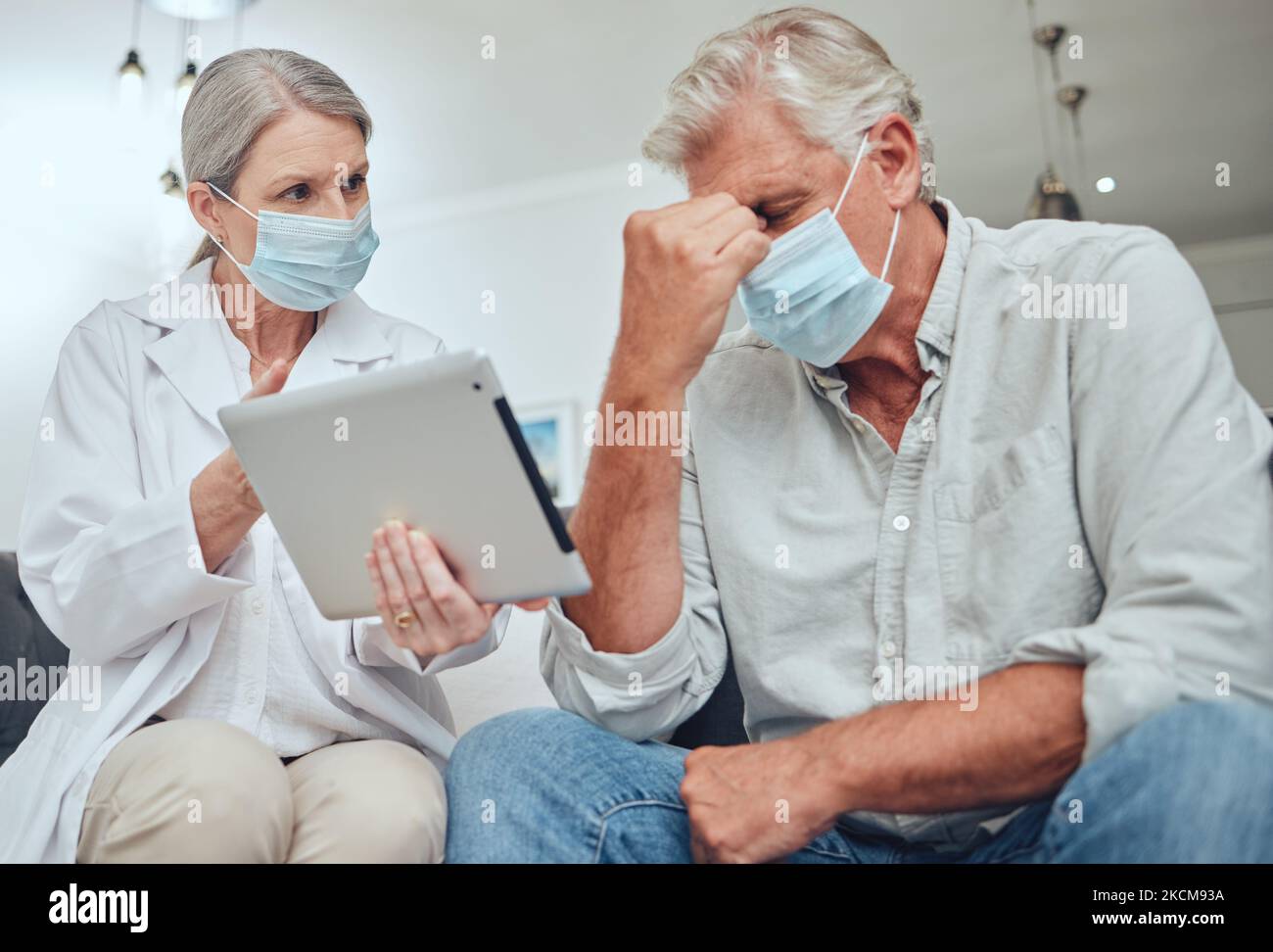 Tablet, doctor and patient with mask, stress and diagnosis results for ...