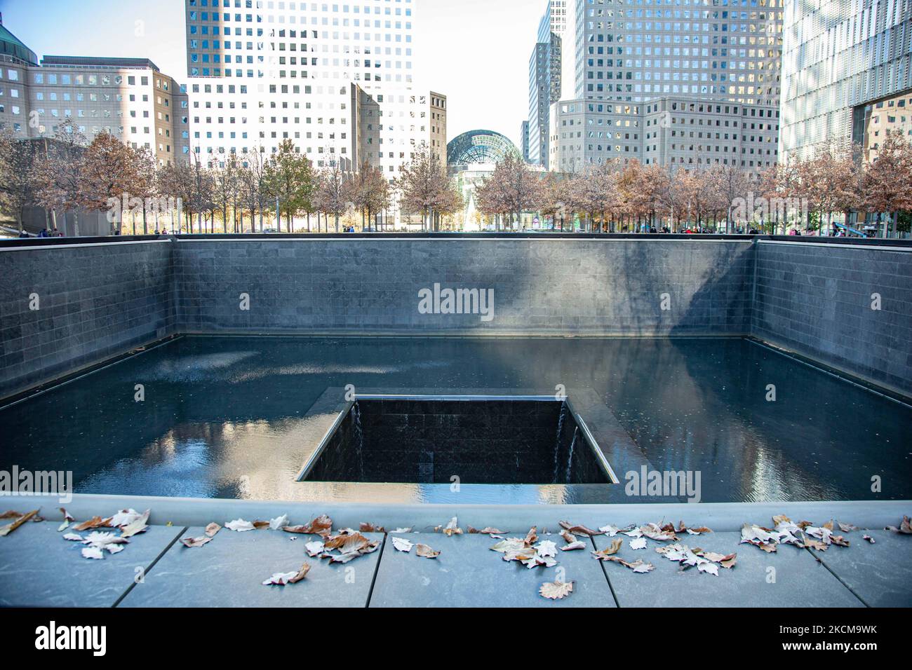 One world trade center from 9 11 memorial pools hi-res stock ...