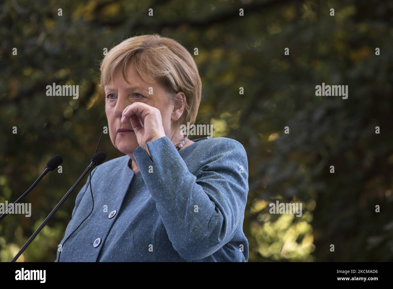 Angela Merkel seen during her visit in Warsaw on September 11, 2021 ...