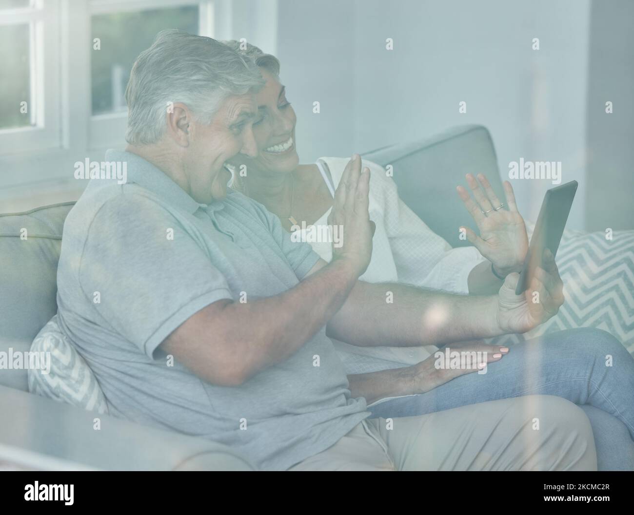 Senior couple, wave and tablet video call of happy man and woman for ...