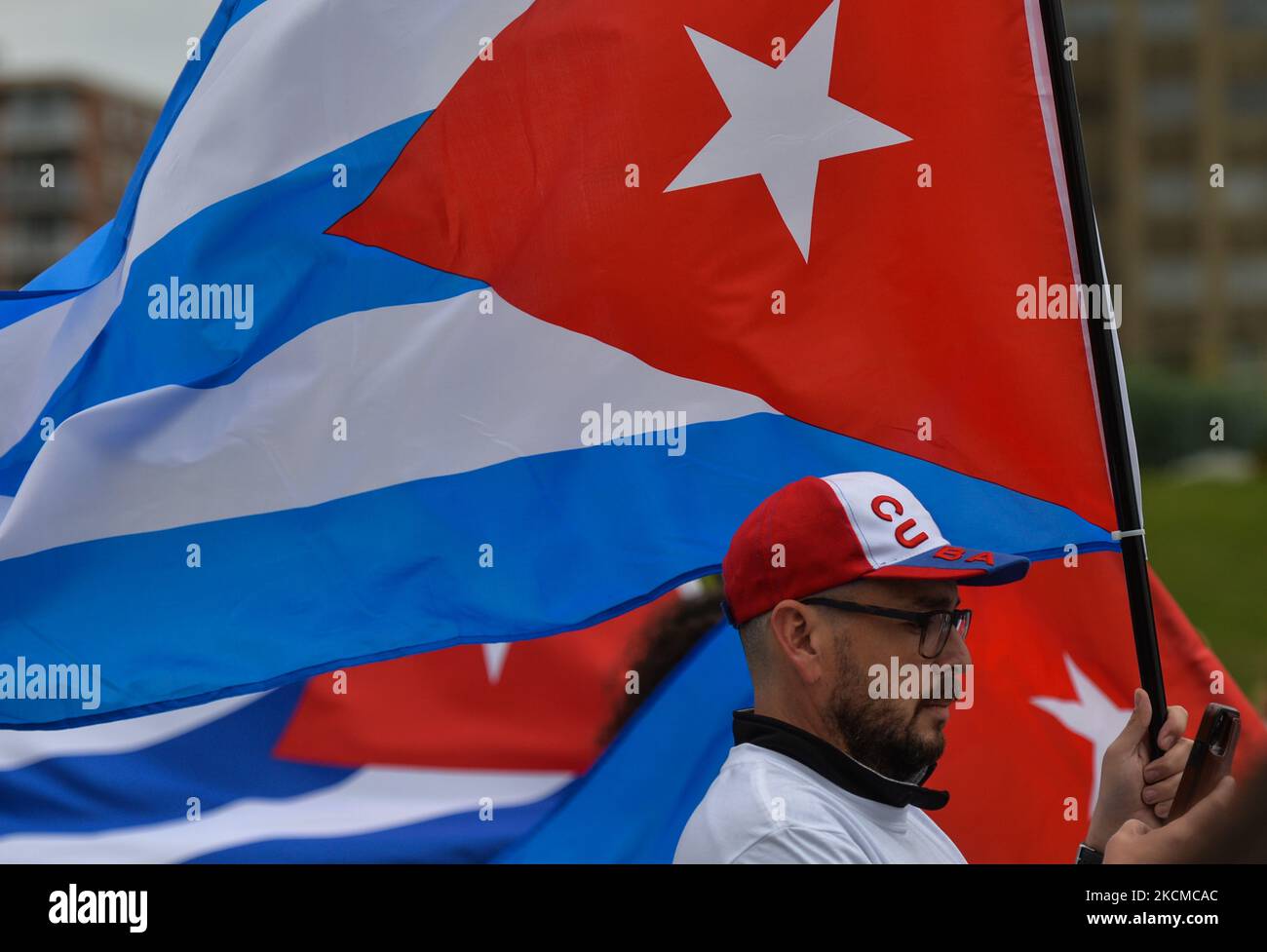 Cuban flags seen during protest. Members of the local Cuban, Nicaraguan ...